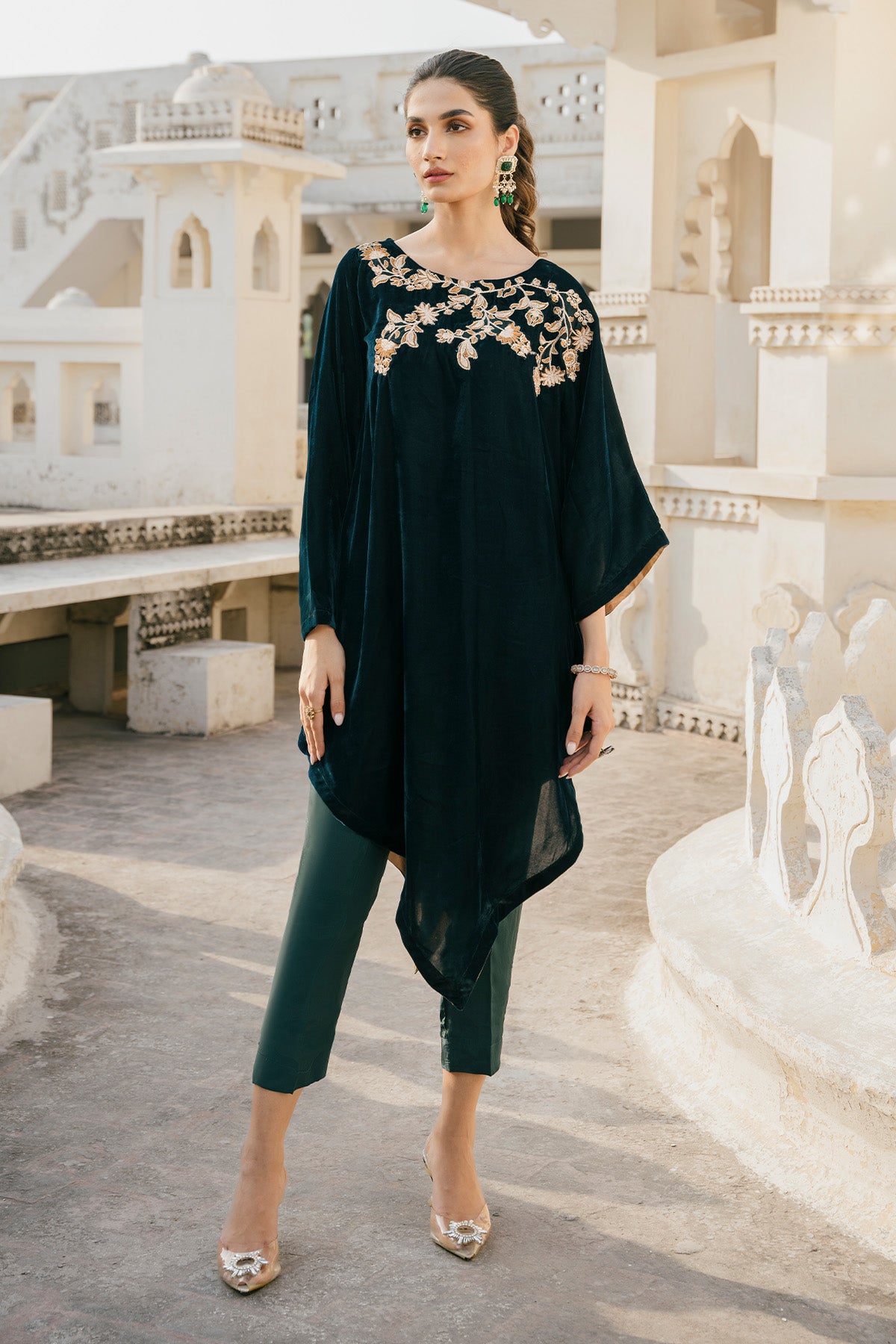 Teal Embroidered Cape Shirt with Raw Silk Pants - Naayas Official